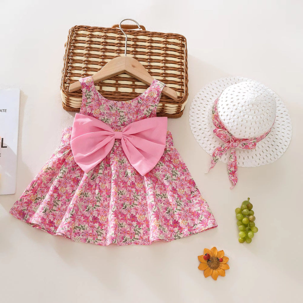Summer 2-Piece Baby Dress with Sun Hat - Floral Bow Strap | Johnny Rose ...