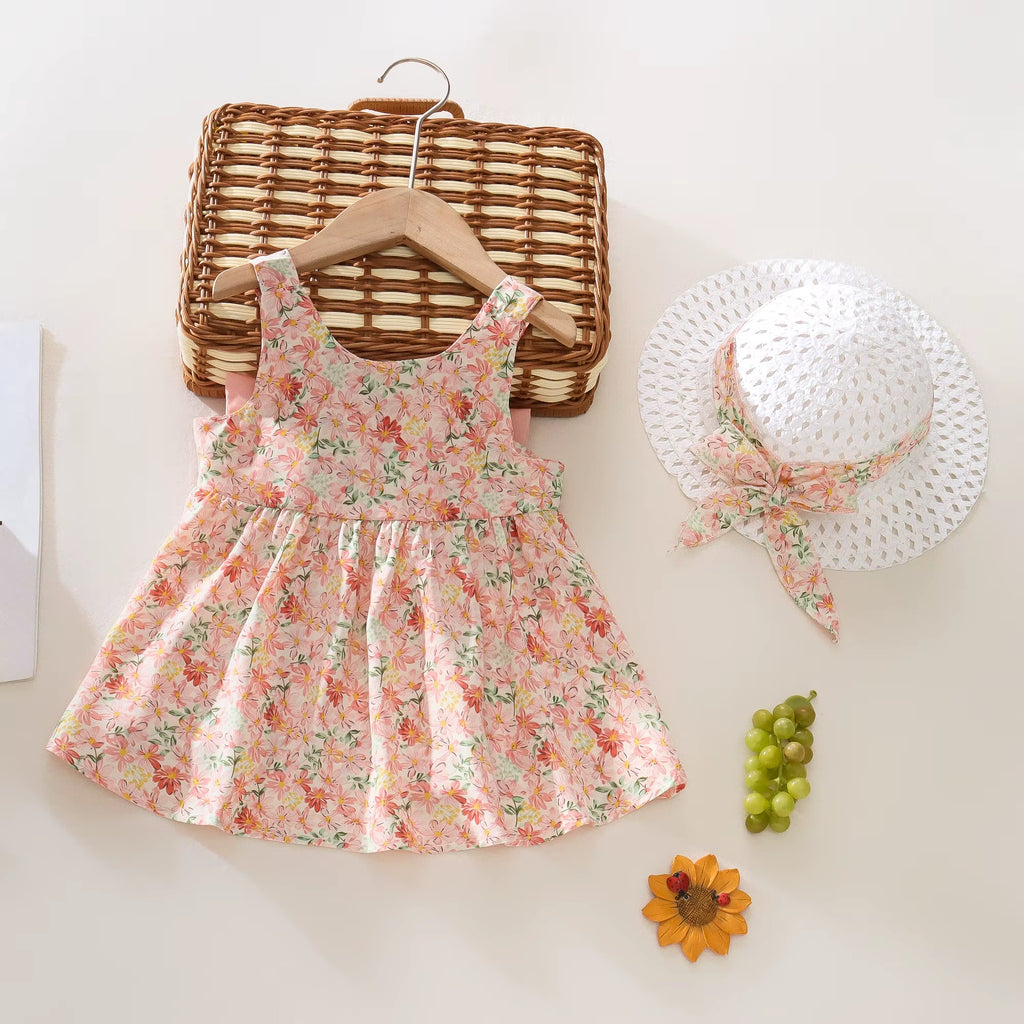 Summer 2-Piece Baby Dress with Sun Hat - Floral Bow Strap | Johnny Rose ...