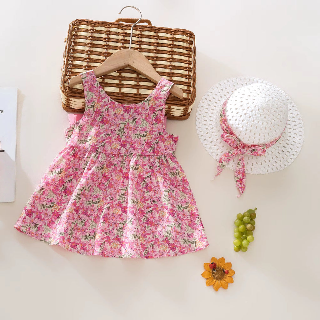 Summer 2-Piece Baby Dress with Sun Hat - Floral Bow Strap | Johnny Rose ...