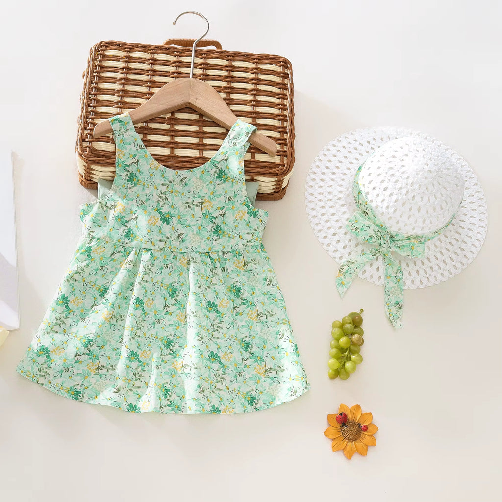 Summer 2-Piece Baby Dress with Sun Hat - Floral Bow Strap | Johnny Rose ...